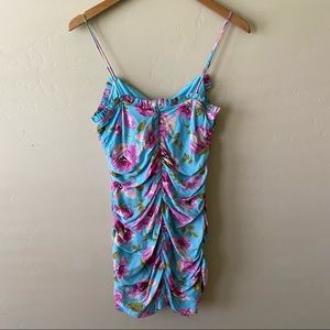 Zara | Dresses | Nwt Zara Ruched Blue Pink Floral Ruched Mini Dress M ...
